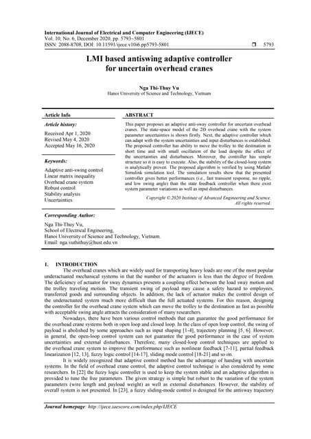 lmi based antiswing adaptive controller for uncertain overhead cranes pdf