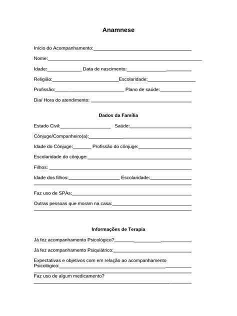 Formulário De Anamnese Psicológica Pdf Psiquiatria Saúde Mental
