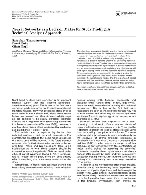 Pdf Neural Networks As A Decision Maker For Stock Trading A Technical Analysis Approach