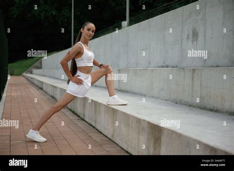 Positive Facial Expression Young Skinny Fitness Woman Is Outdoors