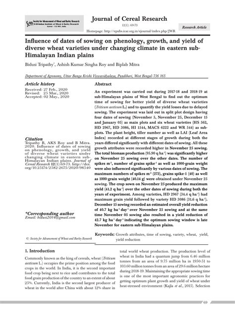 Pdf Influence Of Dates Of Sowing On Growth Attributes Phenology And