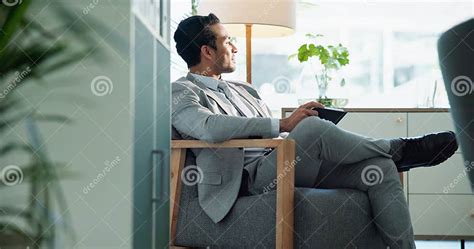 Thinking, Tablet and Business Man in Office for Problem Solving, Inspiration or Insight. Digital ...