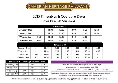 Train Timetable Cambrian Heritage Railway Schedule