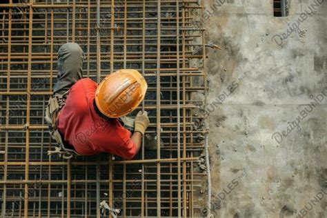Construction Worker Securing Rebar At Building Site