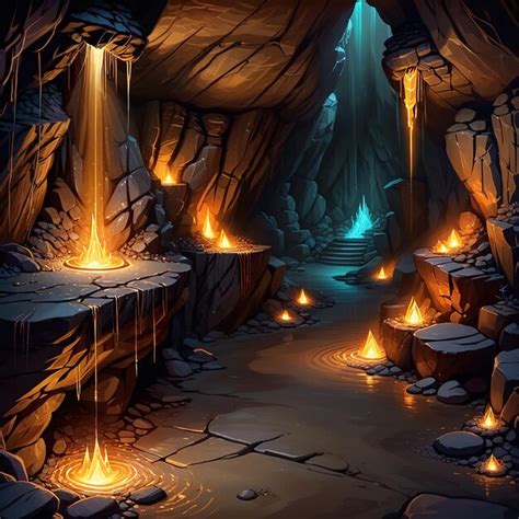 A Dark Cave With A Lit Up Light And A Fire Pit In The Middle Premium