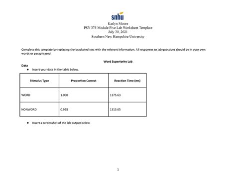 Week 5 Lab Worksheet Katlyn Moore Psy 375 Module Five Lab Worksheet