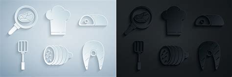 살라미 소시지 고기 주걱 생선 스테이크 요리사 모자 및 스테이크 고기를 프라이팬 아이콘으로 설정합니다 벡터 3차원 형태에 대한 스톡 벡터 아트 및 기타 이미지 Istock