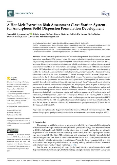 Pdf A Hot Melt Extrusion Risk Assessment Classification System For
