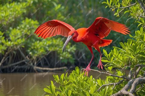 Premium Photo A Scarlet Ibis Eudocimus Ruber In Flight With Blue Sky