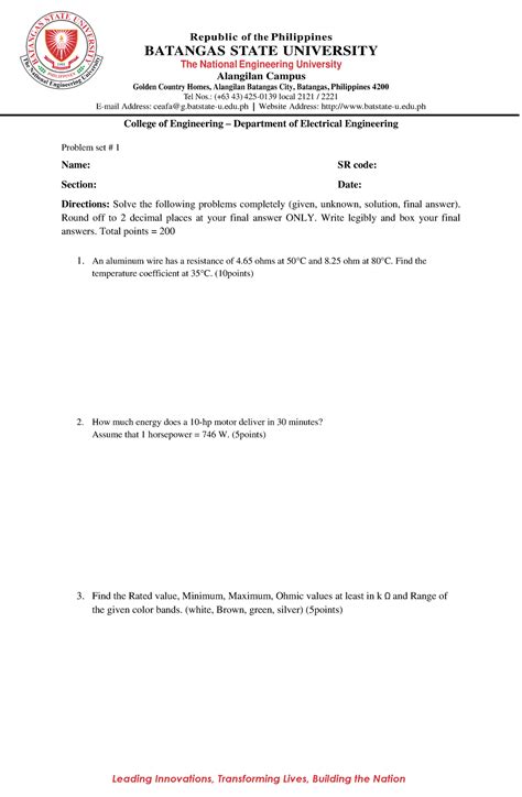 Problem Set 1 BEE Rdfvgbhjnkml BATANGAS STATE UNIVERSITY The National Engineering University