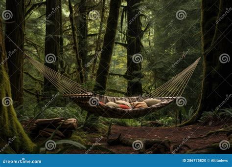 Hammock Strung Between Trees In A Forest Stock Illustration