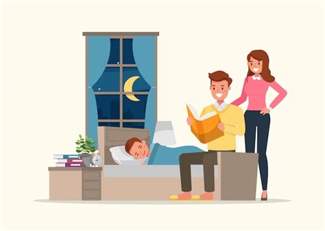 Famille Heureuse Père Lisant Une Histoire Au Coucher Pour Son Fils