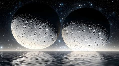 Surreal Twin Moons Reflecting On A Cosmic Sea Stock Illustration