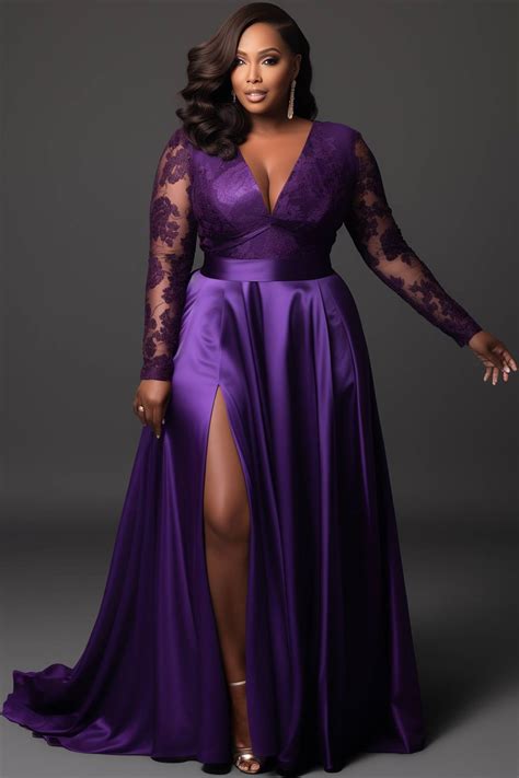 Xpluswear Design Plus Size Formal Purple V Neck Long Sleeve Split See