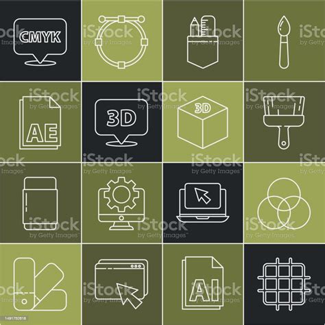 선 그리드 그래프 용지 Rgb 및 Cmyk 색상 혼합 페인트 브러시 교차 자 연필 텍스트 3d가 있는 말풍선 Ae 파일 문서 및 아이소메트릭 큐브 아이콘을 설정합니다 벡터