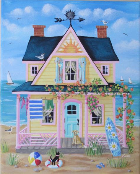 Sunshine Cottage Art Print Summer Beach House Folk Art Etsy Uk