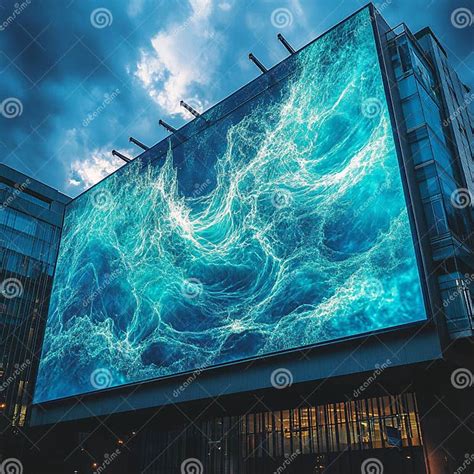 Digital Billboard Displaying Dynamic Blue Ocean Waves Illuminates Urban
