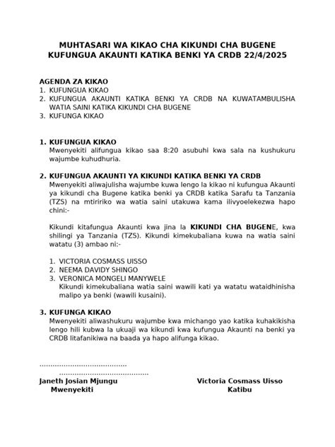 Muhtasari Wa Kikao Cha Kikundi Cha Bugene Kufungua Account Katika Bank