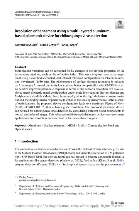 Resolution Enhancement Using A Multi Layered Aluminum Based Plasmonic Device For Chikungunya
