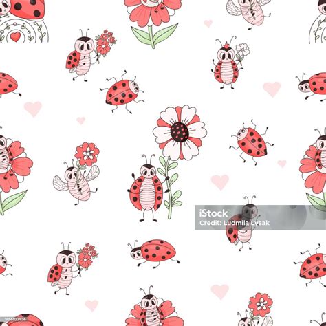 귀여운 무당벌레가 있는 매끄러운 패턴 캐릭터는 하트가 있는 흰색 배경에 꽃을 가진 무당벌레를 곤충으로 만듭니다 벡터 그림입니다 벽지 포장 인쇄 디자인에 대한 끝없는 낭만적