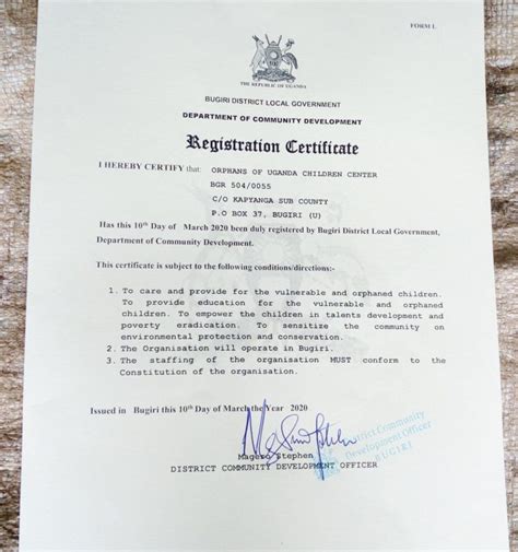 Operational Permit And Registration Certificate Orphans Of Uganda