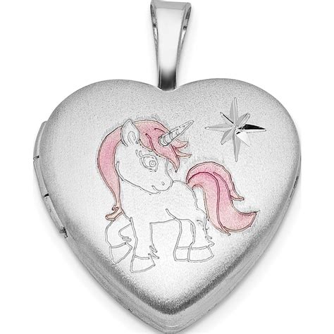 Sterling Silver Rh Plated Epoxy Satin Polished Unicorn 16mm Heart