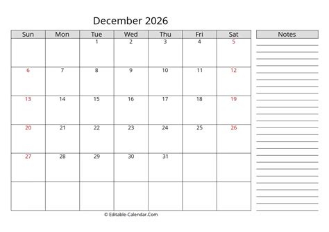 Download December 2026 Calendar With Notes Weeks Start On Sunday