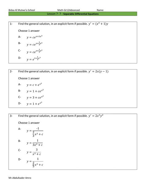 Worksheet On Differential Equations Creative Printable
