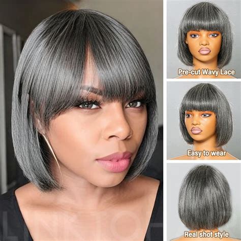 Salt And Pepper Glueless Bob Wig With Bangs 100 Human Hair Wigs