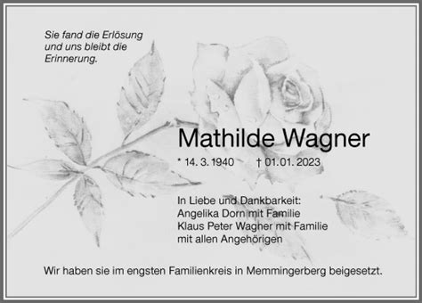 Traueranzeigen Von Mathilde Wagner Augsburger Allgemeine Zeitung