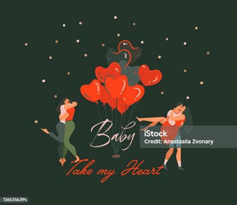 그려진된 벡터 추상 만화 현대 그래픽 행복 한 발렌타인 하루 개념 삽화 카드 댄스 커플 사람들이 함께 손 고 아기 검은 색 바탕에 절연 내 마음 텍스트 개념에 대한 스톡