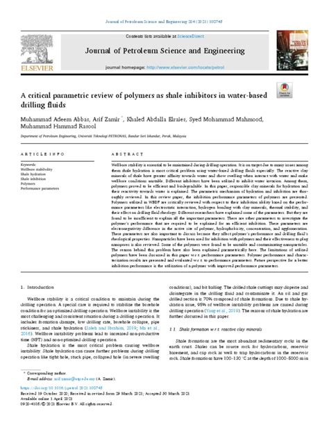 2021 A Critical Parametric Review Of Polymers As Shale Inhibitors In