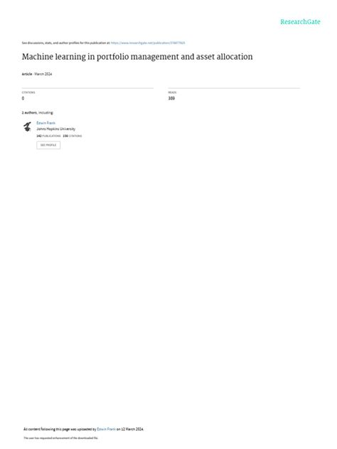 Machine Learning In Portfolio Management And Asset Allocation Pdf