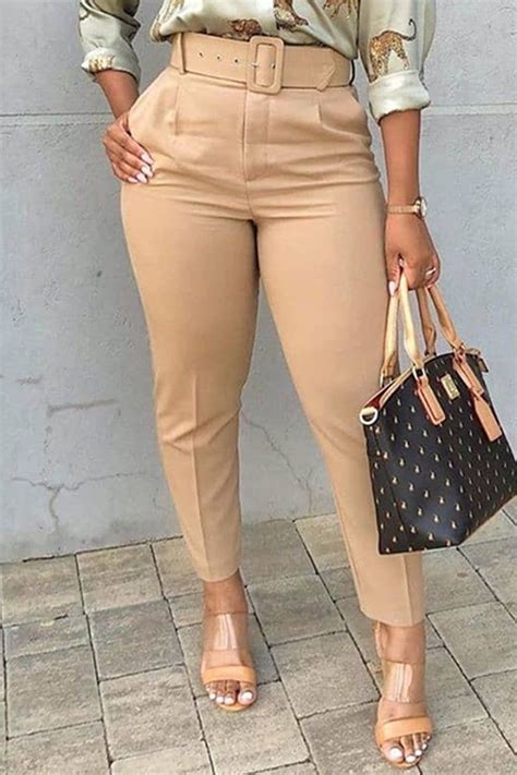 Khaki Fashion Casual High Waist Trousers Pants For Women Khaki