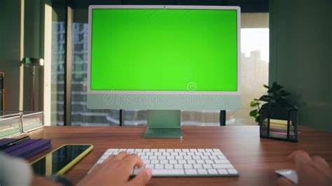 Unknown Woman Typing Mockup Computer Closeup Director Arms Working Green Screen Stock Image