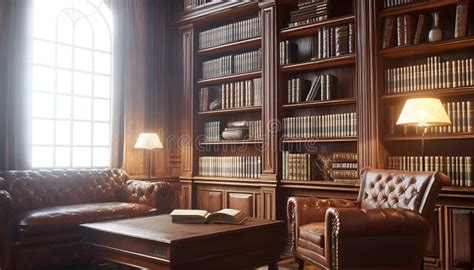 Classical Library With Leather Books On Wooden Shelves Stock Image
