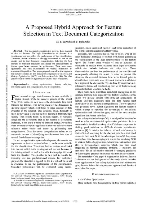 Pdf A Proposed Hybrid Approach For Feature Selection In Text Document Categorization