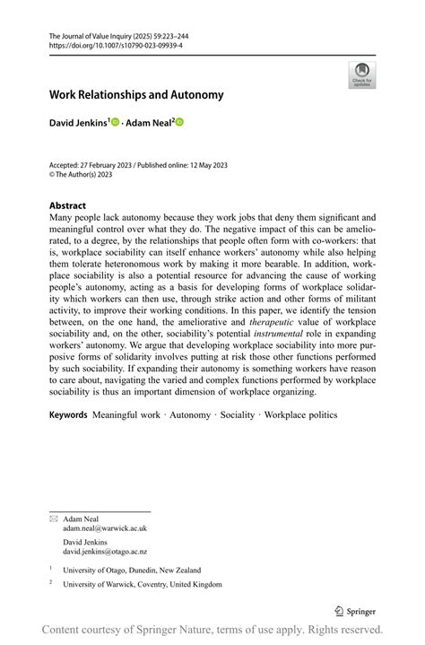 Pdf Work Relationships And Autonomy