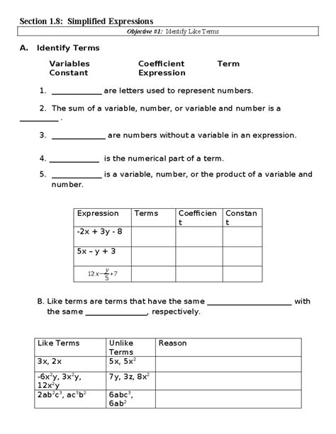 18 Simplified Expressions Section 1 Simplified Expressions Objective 1 Identify Like Terms