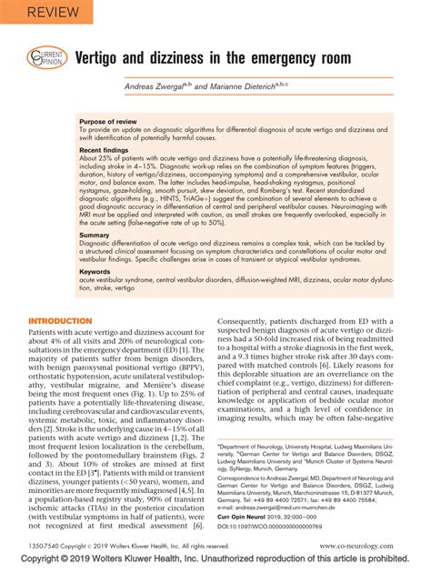 Pdf Vertigo And Dizziness In The Emergency Room