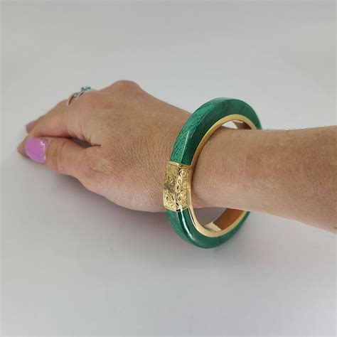 Yellow Gold And Imitation Malachite Hinged Bangle Bracelet At 1stdibs