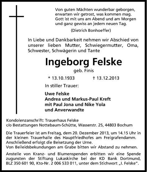 Traueranzeigen Von Ingeborg Felske Trauer In Nrwde