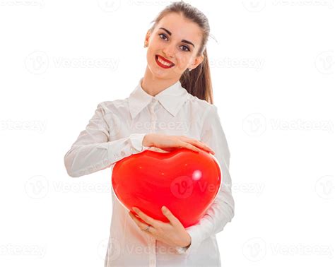 Cutie Young Brunette Girl Posing With Red Heart Isolated On White
