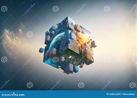 Abstract Multiverse World With Cubic Landscape Of Nature And City Stock