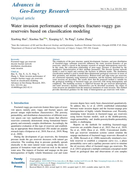 Pdf Research On Water Invasion Performance Of Complex Fracture Vuggy Gas Reservoirs Based On
