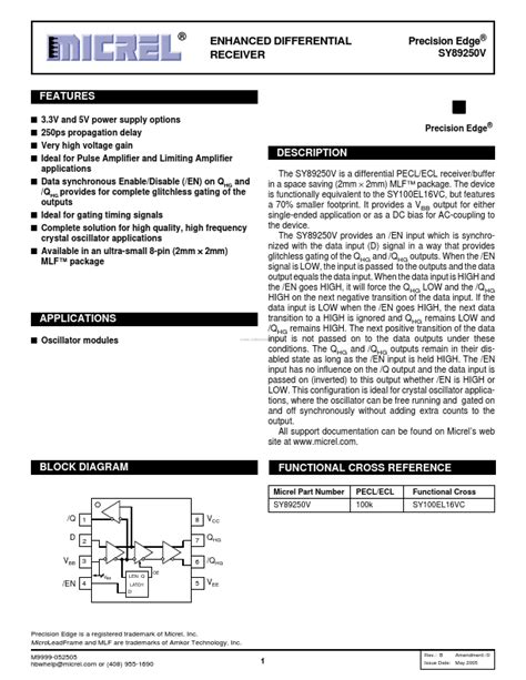 Sy89250v Datasheet Enhanced Differential Receiver Micrel Semiconductor