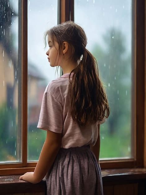 Premium Photo A Girl Is Watching The Rain Outside From The Window Of