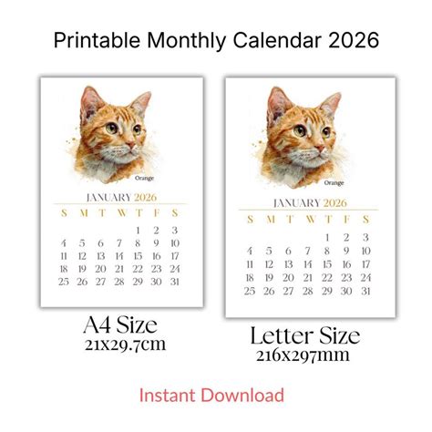 2026 Cat Breeds Calendar Printable Monthly Wall Calendar Watercolour