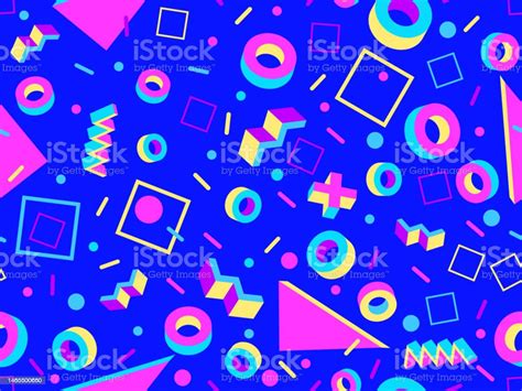 80년대 스타일의 3d 모양이 있는 기하학적 매끄러운 패턴 다양한 색상의 아이소메트릭 3d 기하학적 모양 종이 배너 및 배경 화면에 인쇄하기위한 디자인 벡터 그림 기하