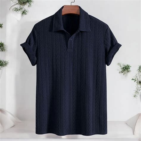 Navy Blue Knitted Geometric Jacquard Polo Sellerz Bd